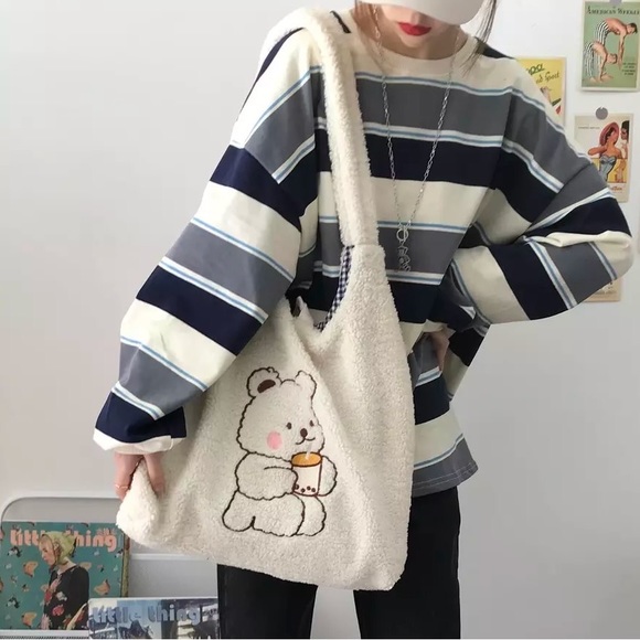 Bags | Bear Tote Bag Plush Soft Fuzzy Boba Bubble Tea Cartoon ...